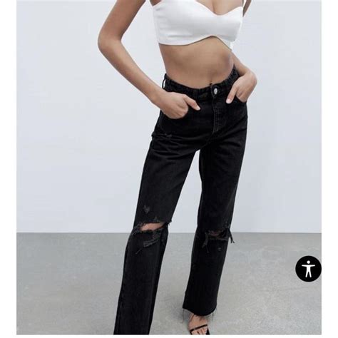 Nwt Zara Ripped Wide Leg Jeans Black Size 4 Runs Depop