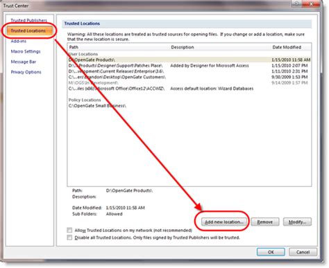 ms access 2007 trusted locations opengate software inc