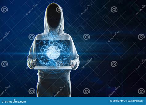 Hacker Holding Notebook With Glowing Blue Linear Sphere On Blurry