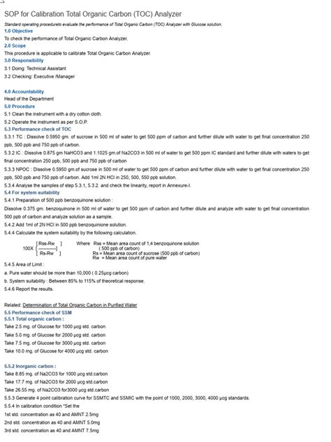 Sop For Calibration Total Organic Carbon Toc Analyzer Pdf Total