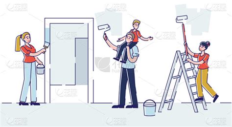 家庭父母儿童线条画绘画插图幸福人矢量住宅房间翻修