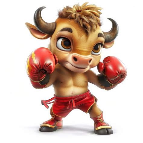 A Cartoon Bull Wearing Red Boxing Gloves And Shorts In A Fighting