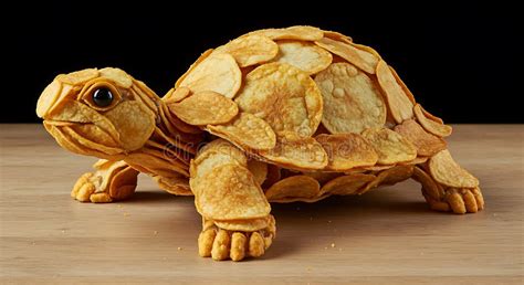 Creative Potato Chip Turtle Sculpture On Wood Surface With Black Background Stock Illustration