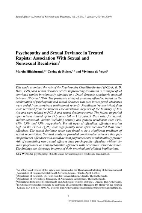 PDF Psychopathy And Sexual Deviance In Treated Rapists Association With Sexual And Nonsexual