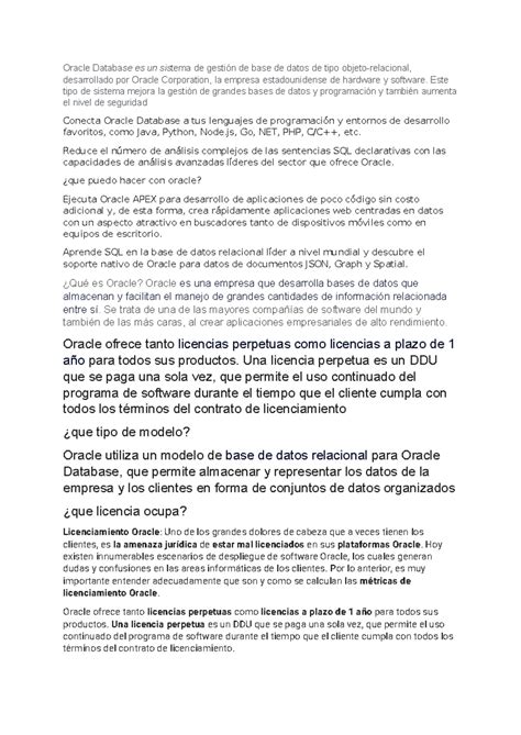 Oracle Database Es Un Sistema De Gestión De Base De Datos De Este