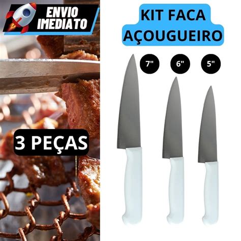 Kit 3 Facas Inox Churrasco Peixeira Cozinha 5 6 7 Polegadas