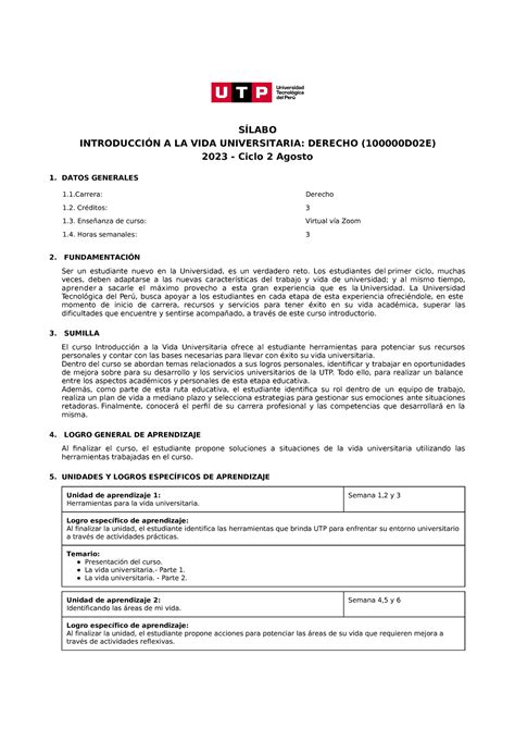 Introducciónalavidauniversitaria Derecho 100000 D02e SÍlabo