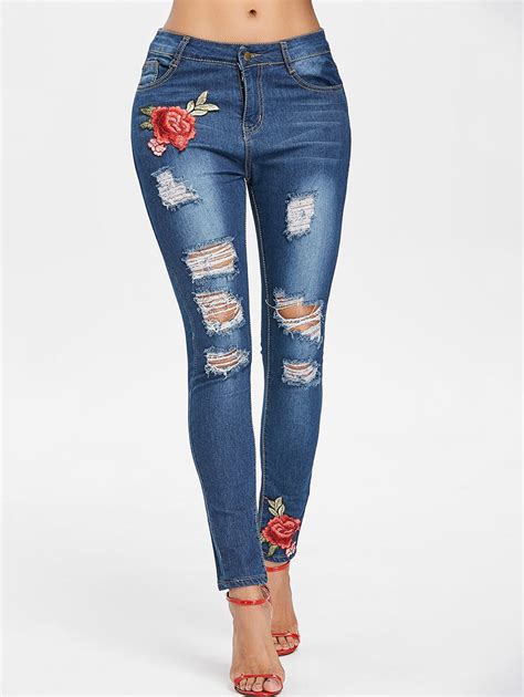 [37 Off] Floral Embroidery Slim Ripped Jeans Rosegal