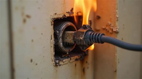 Electrical Outlet Fire Caused By A Short Circuit With Flames Stock