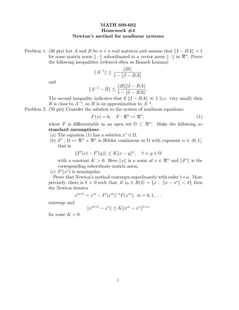 Newton Method For Nonlinear System Numerical Analysis Assignment 4 Math 609 Docsity