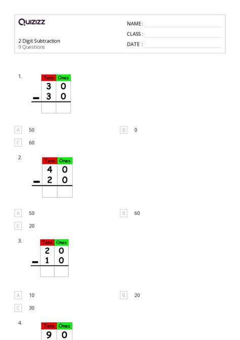 50 three digit subtraction worksheets for 1st class on quizizz free