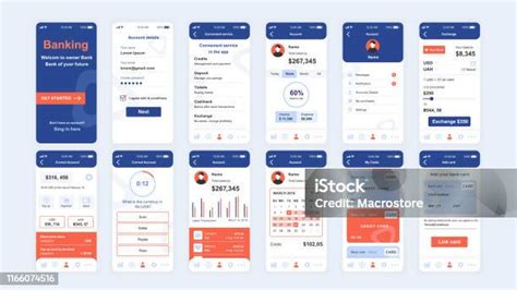 Set Ui Ux Gui Layar Banking Aplikasi Desain Datar Template Untuk Aplikasi Seluler Ilustrasi Stok
