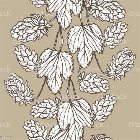 맥주와 함께 수직 원활한 테두리 홉 벡터입니다 일반적인 홉 또는 Humulus Lupulus 지점입니다 잎과 콘입니다 벡터 꽃 배경 검은색에 대한 스톡 벡터 아트 및 기타