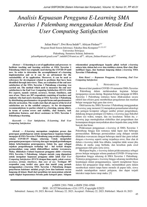 PDF Analisis Kepuasan Pengguna Pada E Learning Menggunakan Metode End User Computing Satisfaction