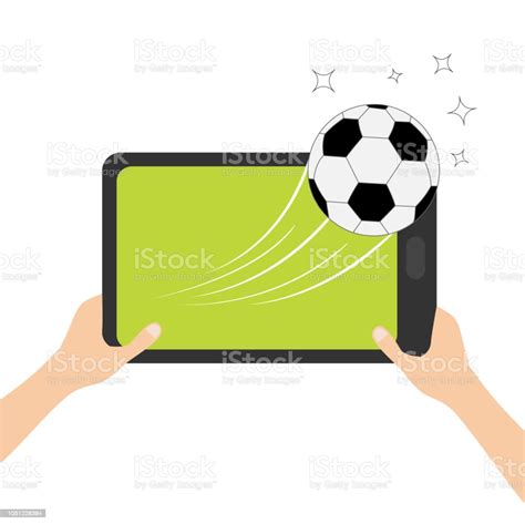 손 들고 Genering 태블릿 Pc 도구입니다 축구 볼 터치 스크린에서 비행입니다 남성 여성 십 대 손 그리고 빈 화면을 탭 별입니다 녹색 잔디 필드입니다 평면