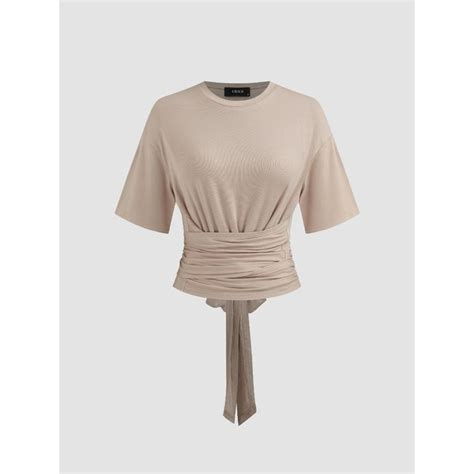 Buy Cider Brown Round Neck Solid Ruched Knotted Short Sleeve Top Online