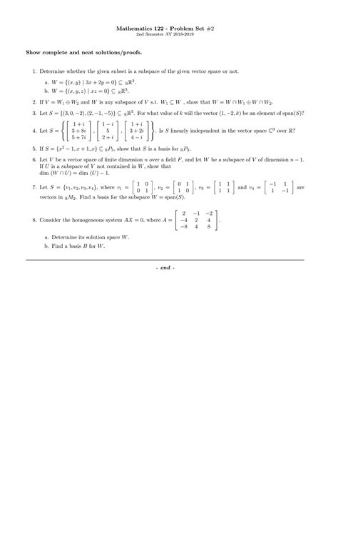 Problem Set No 2 For Math 122 Mathematics 122 Problem Set 2nd