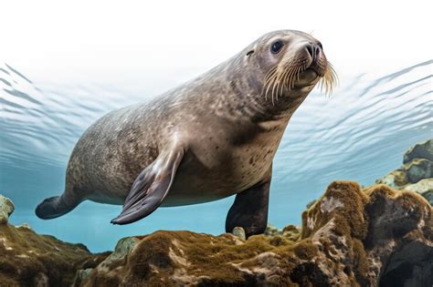 Premium Photo Full Body Shot Of A Playful Seal Side View Exploring The Sea Floor Surrounded By