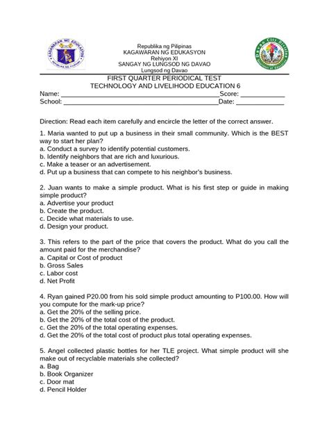 Tle 6 1st Quarter Exam Ict Entrep Pdf Spreadsheet Wiki