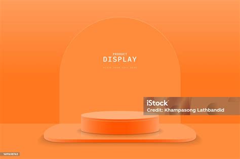 3d 주황색 실린더 연단 받침대는 클린 룸과 아치 모양에서 사실적입니다 모형을 위한 최소한의 벽 장면 쇼케이스 3d 벡터