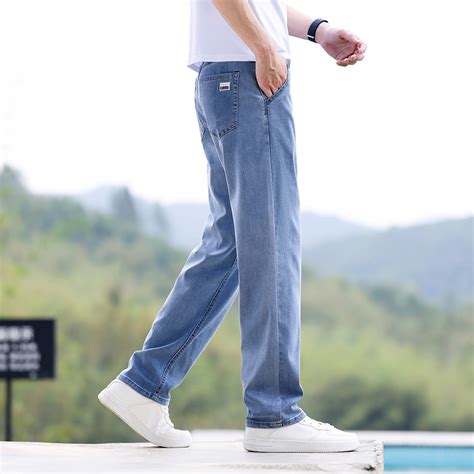 斯得雅蓝色莱赛尔天丝牛仔裤男夏季超薄款宽松直筒长裤子男士百搭 Taobao