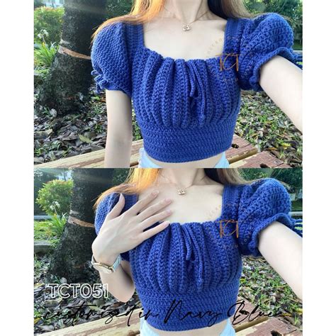 Tct051 Self Tie Puffy Sleeves Crop Top Crochet Shopee Malaysia