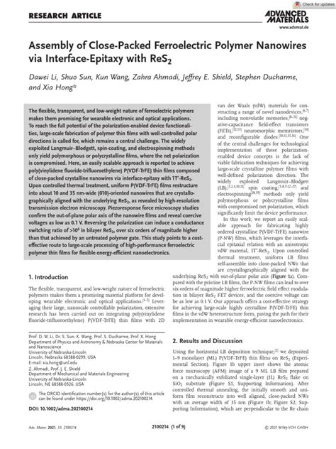 Advanced Materials 2021 Li Assembly Of Close Packed Ferroelectric