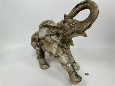 Large Hand Carved Stone Elephant With Trunk Raised Sculpture Heavy 21w X 9d X 16h