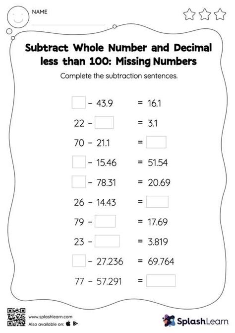 Subtract Whole Number And Decimal Less Than 100 Missing Numbers Math