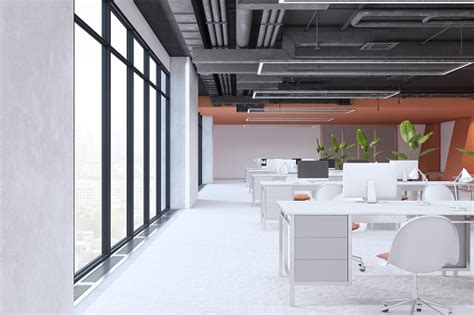 탁 트인 창문과 도시 전망 장비 및 가구를 갖춘 깨끗한 코워킹 사무실 인테리어 3d 렌더링 0명에 대한 스톡 사진 및 기타 이미지 Istock