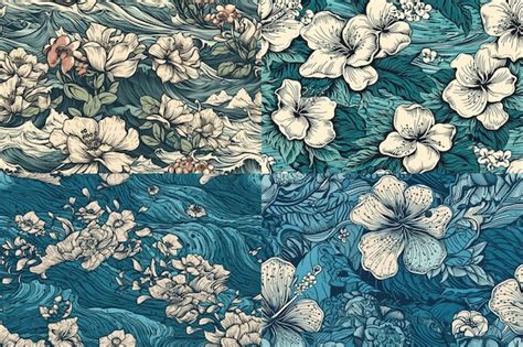 Flores Hawaianas Dibujadas A Mano Con Océano Azul En El Fondo Ia
