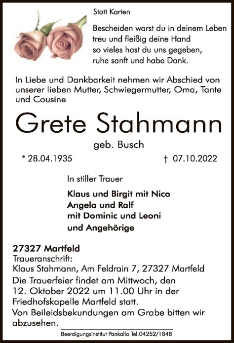 Traueranzeigen Von Grete Stahmann Trauer Kreiszeitung De