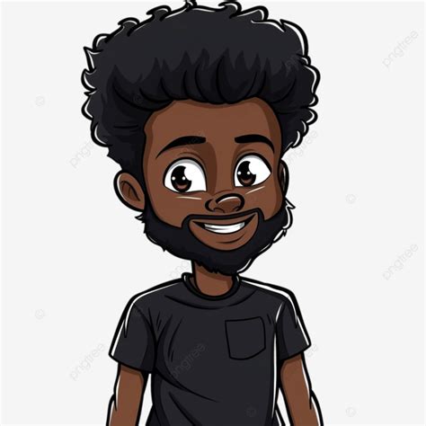 رسم كاريكاتوري لطيف لصبي ذو بشرة داكنة ولحية وشعر أسود يرتدي قميصًا أسود مخططًا سعيدًا أسود
