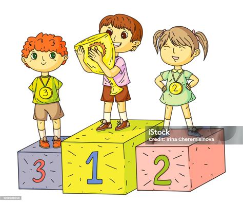 금 트로피 컵과 메달대회 우승자 연단에 서 행복한 아이들 스포츠 받침대에 메달리스트 만화 어린이 캐릭터입니다 벡터 플랫 일러스트레이션입니다 2 위 상 종류에 대한 스톡 벡터