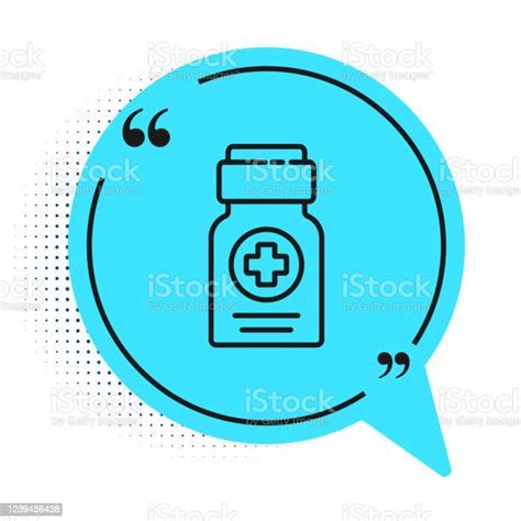 흰색 배경에 격리 된 검은 선 의학 병 아이콘입니다 병 알 약 기호입니다 약국 디자인 파란색 음성 풍선 기호입니다 벡터