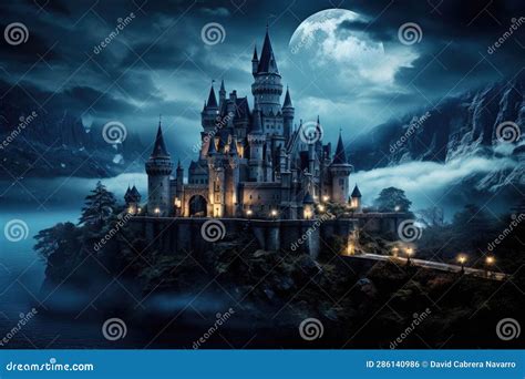 Mysterious Medieval Castle In A Full Moon Night Stock Illustration