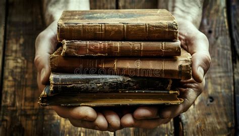 Hands Holding Stack Of Vintage Old Books Concept Of Self Education Self Development Stock