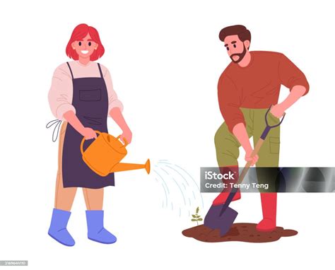 농업 노동자 정원 가꾸기 농부의 부부는 식물과 함께 일하고 남자는 땅을 파고 여자는 토양에 물을 주며 평면 벡터 그림 축산 농장 장면 남성에 대한 스톡 벡터 아트 및 기타