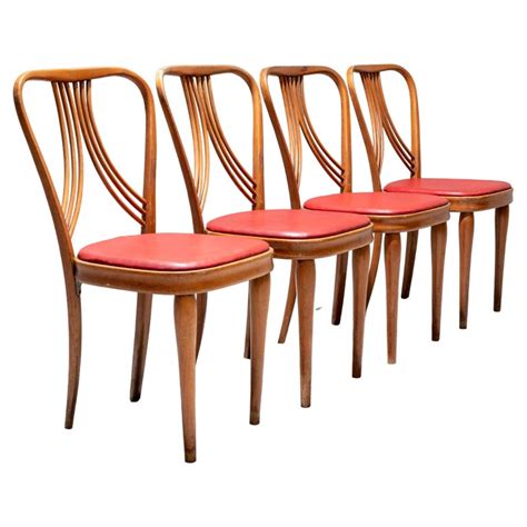 Set Of 4 Diningroom Chairs In Blond Wood And Red Faux Leather Italy