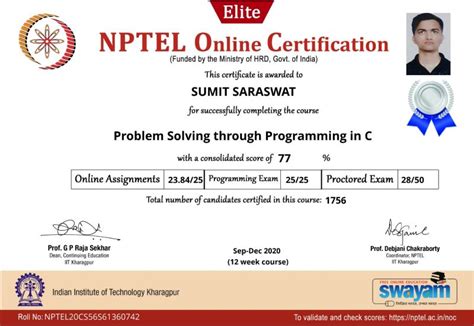 Finally I Have Got Nptel Certificate On Completing 12 Week Course Of Problem Solving Through
