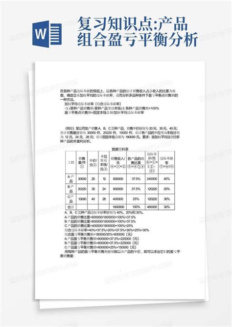 复习知识点 产品组合盈亏平衡分析Word模板下载 编号qzzwwvne 熊猫办公