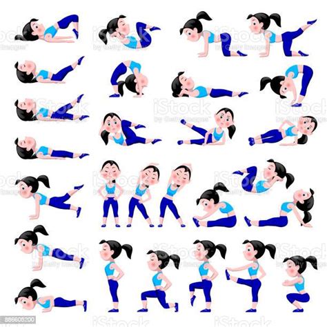 Cartoon Girl In Blue Suit Doing Fitness Exercises Isolated On White