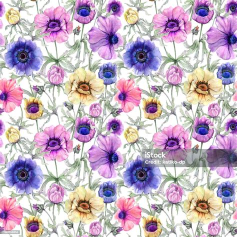 흰색 배경에 녹색 잎과 아름다운 다채로운 말미잘 꽃입니다 매끄러운 꽃 무늬 수채화 그림입니다 손으로 그린 일러스트레이션 0명에 대한 스톡 벡터 아트 및 기타 이미지 Istock