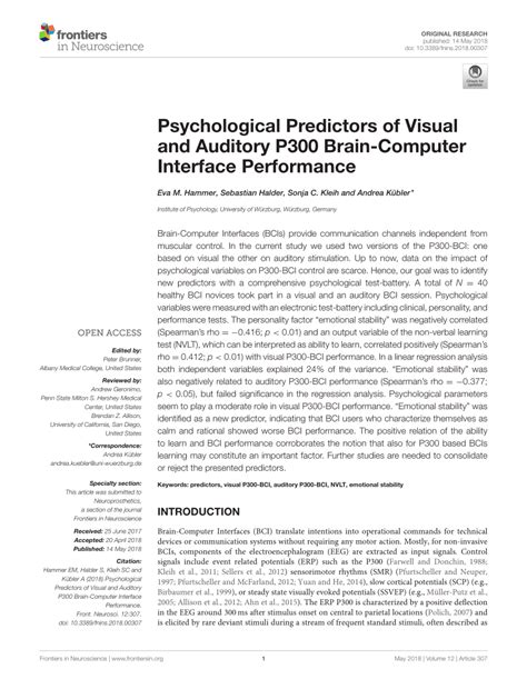 pdf psychological predictors of visual and auditory p300 brain