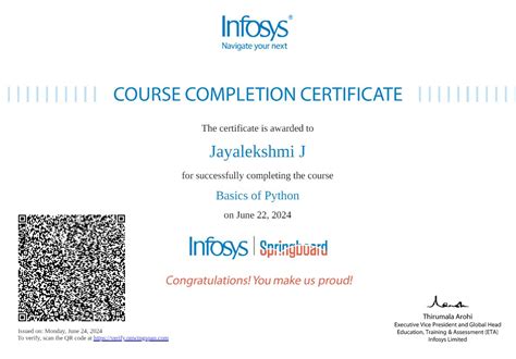 Successfully Completed Infosys Springboards Basics Of Python Course