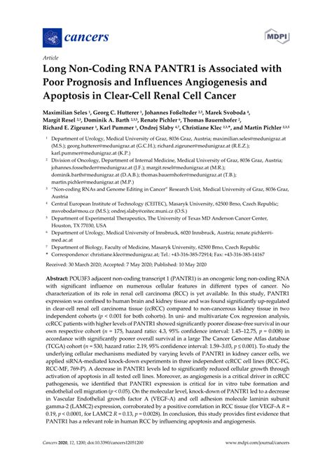 Pdf Long Non Coding Rna Pantr1 Is Associated With Poor Prognosis And Influences Angiogenesis