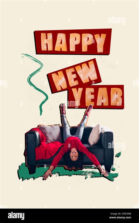 Vertical Collage Picture Of Overjoyed Crazy Girl Sit Sofa Upside Down Happy New Year Poster