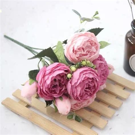 bleu Bouquet de roses thé pivoines artificielles têtes de fleur camélia en soie pour