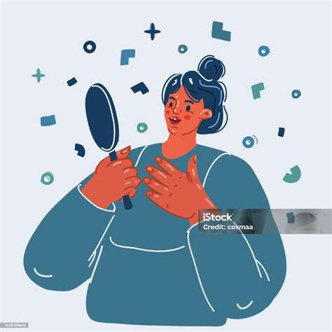 거울을 보는 벡터 일러스트레이션 자기 사랑 개념 자신감 여자 긍정적인 감정 표현에 대한 스톡 벡터 아트 및 기타 이미지