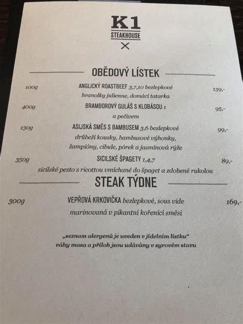 Menu At Steak House K1 Steakhouse Brno Bubeníčkova 11